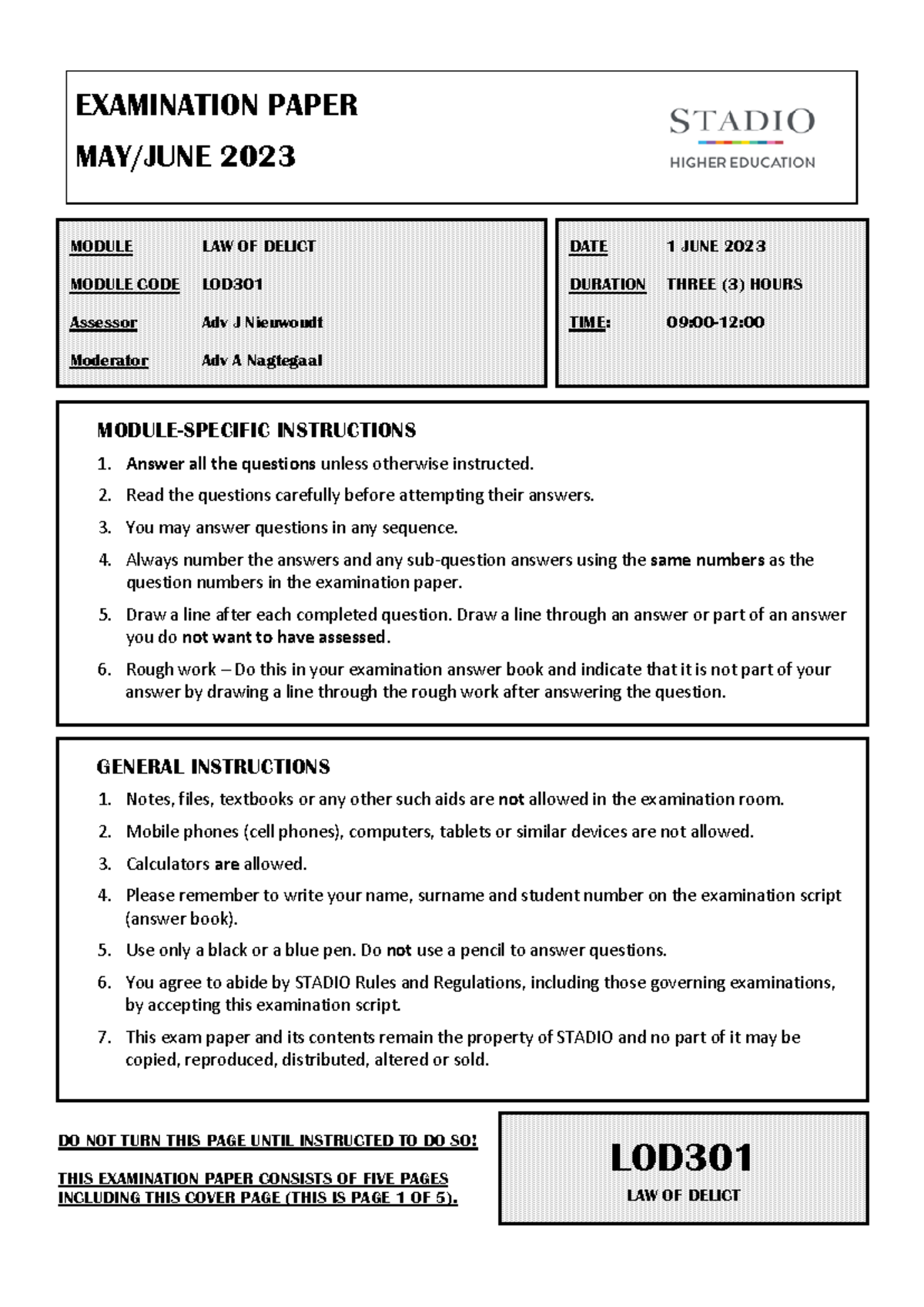 LOD301 Law of Delict Final Exam Paper – May/June 2023 - Studocu