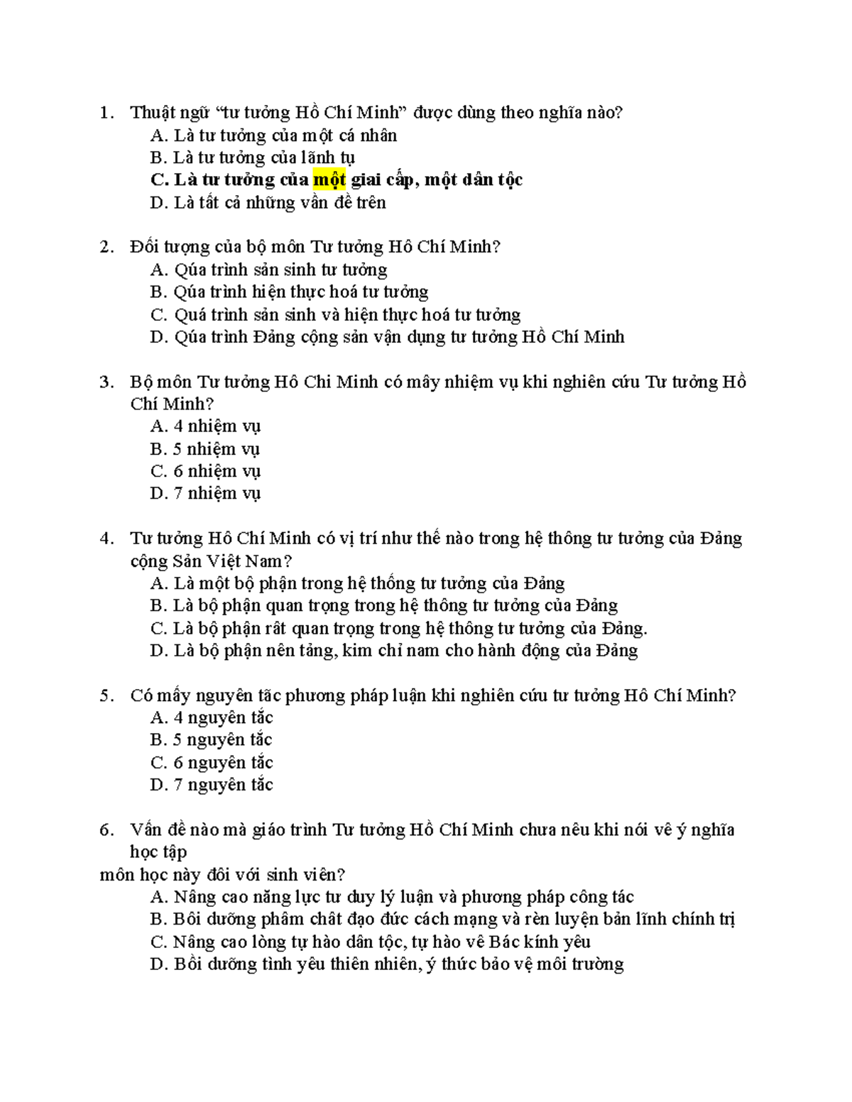 270 Câu Hỏi Trắc Nghiệm Môn Tư Tưởng Hồ Chí Minh Mới - Studocu