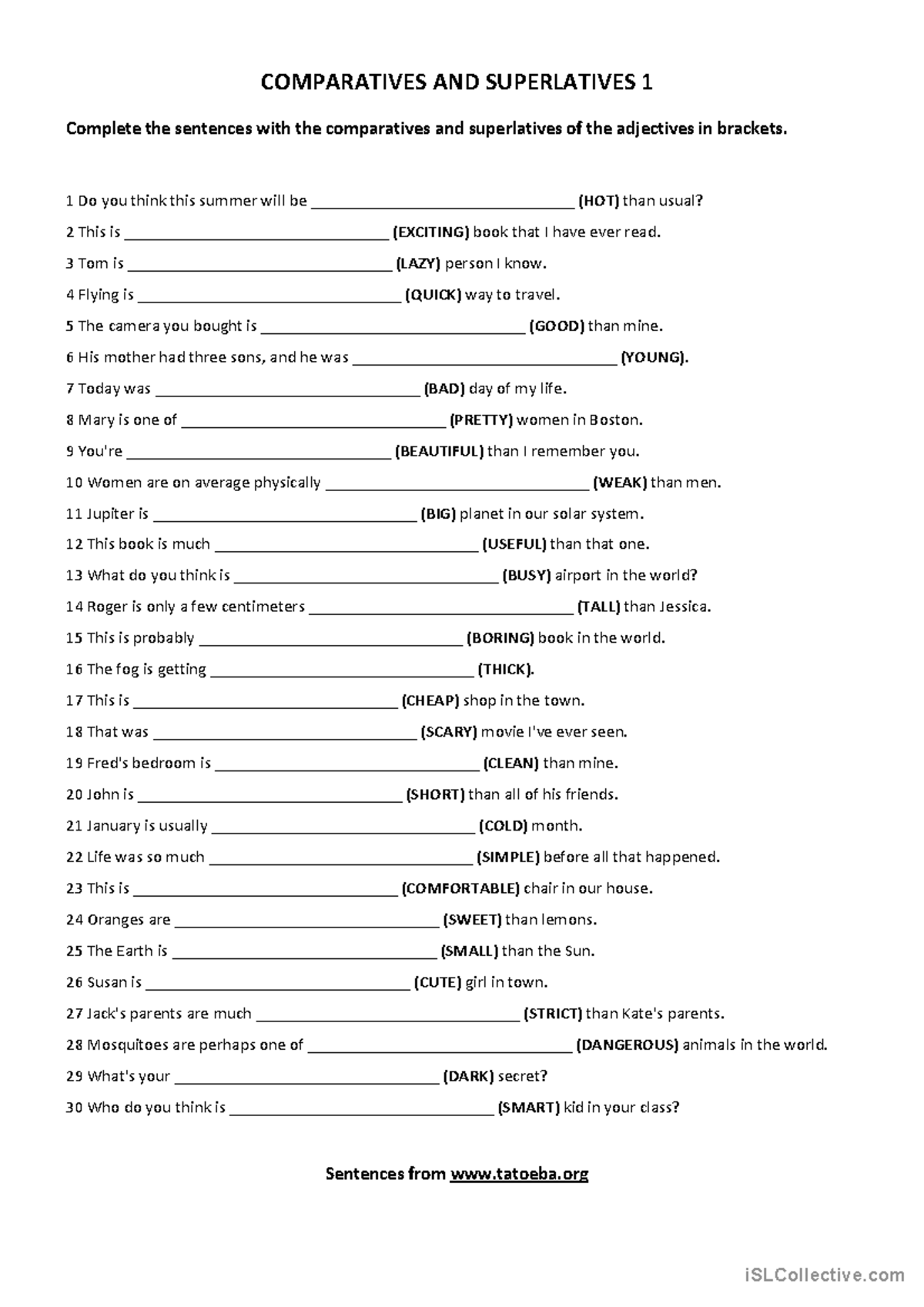 Comparatives and Superlatives 1: Fill in the Blanks Exercise - Studocu