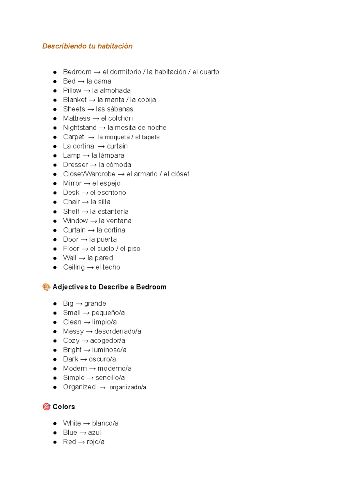 Describiendo tu habitación: Vocabulario y Adjetivos en Español - Studocu
