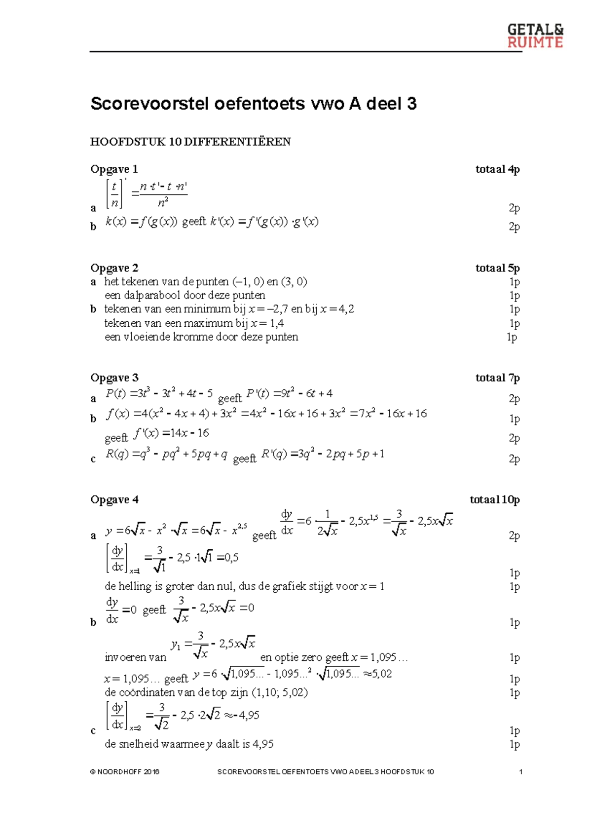 Oefentoets Correctiemodel VWO A Hoofdstuk 10: Differentiëren - Studeersnel
