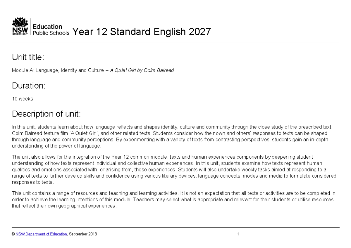 Year 12 Standard English 2027: Module A - Language, Identity & Culture ...