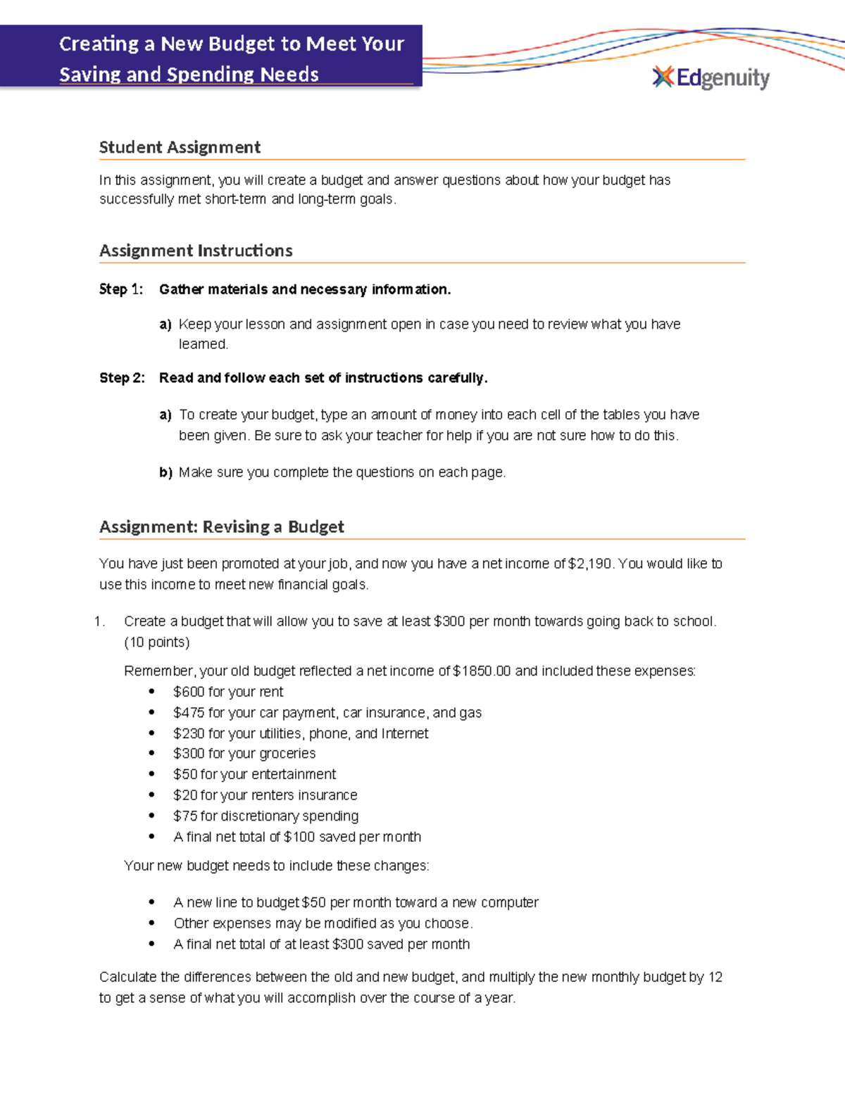 Creating a New Budget: Student Assignment for Financial Goals - Studocu