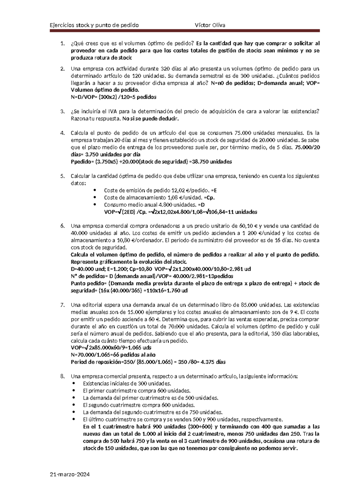 Ejercicios de Volumen Óptimo de Pedido y Punto de Pedido VOP 2023 - Studocu