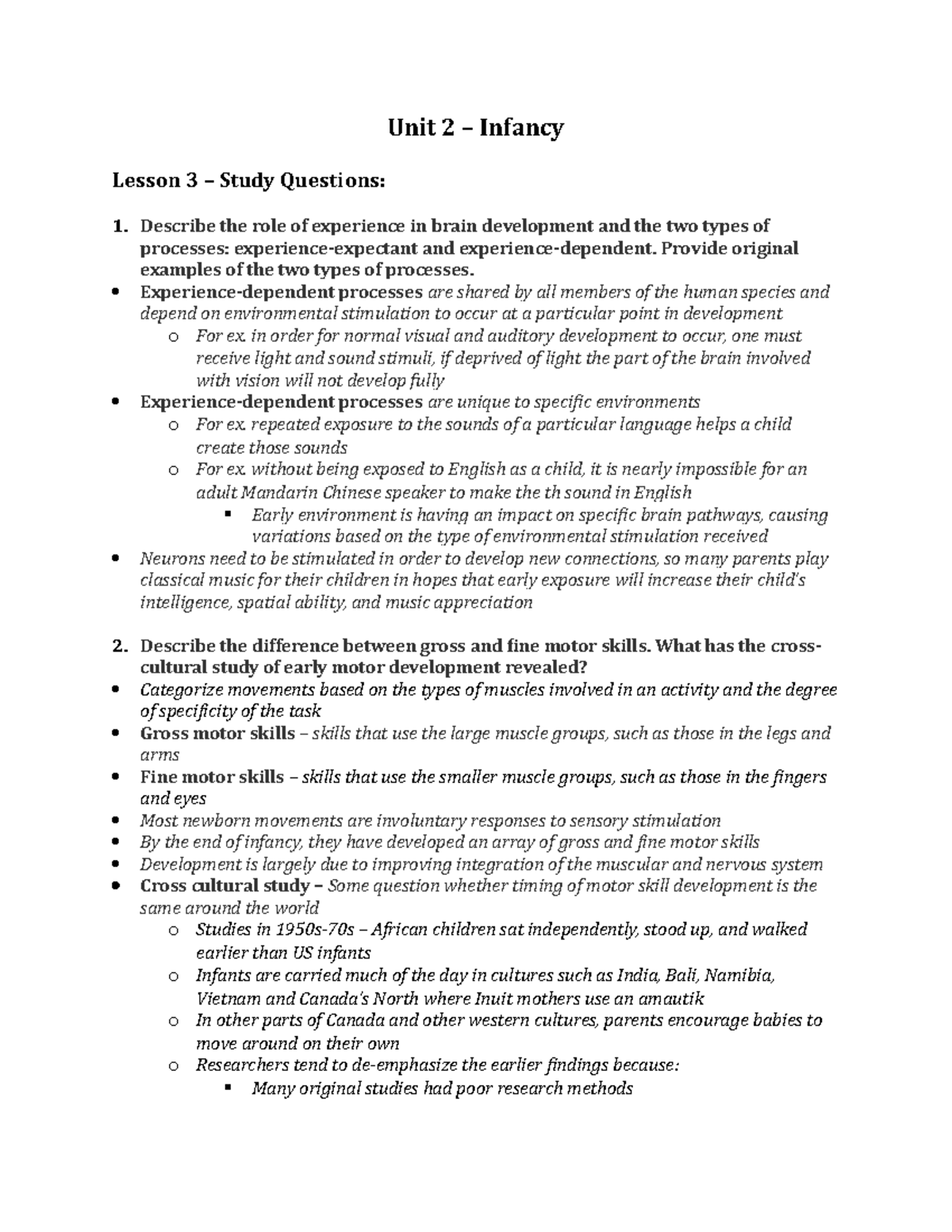 Unit 2 – Lesson 3 - Unit 2 – Infancy Lesson 3 – Study Questions: 1 ...