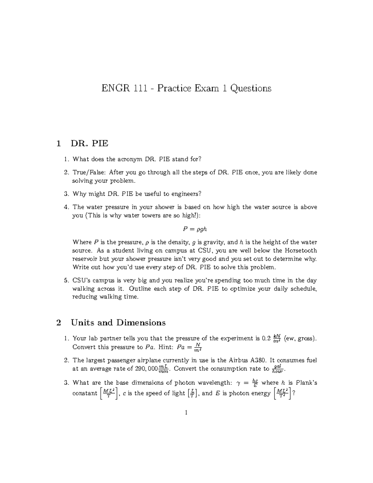 ENGR 111 - Practice Exam 1 Review: DR. PIE & Units - Studocu