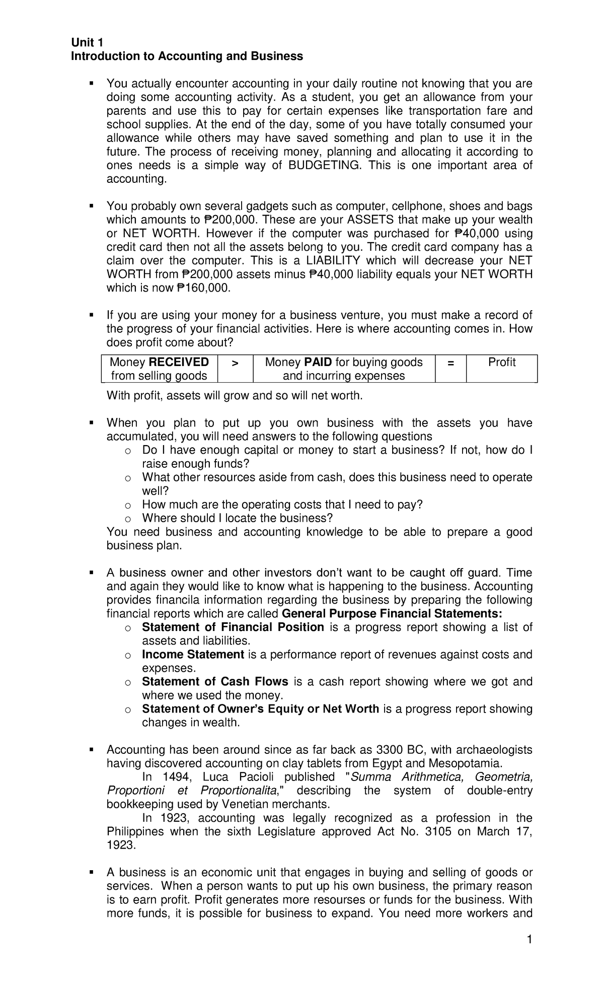 Unit 1: Intro to Accounting & Business Concepts and Practices - Studocu