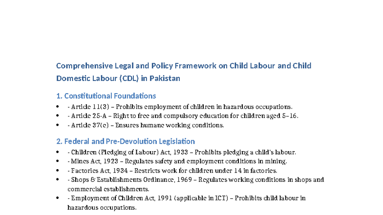 Child Labour Legal & Policy Framework in Pakistan (CDL) - Studocu