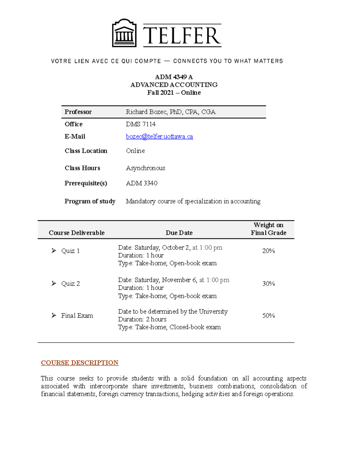 ADM 4349 A Fall 2021 - Advanced Accounting Course Outline - Studocu