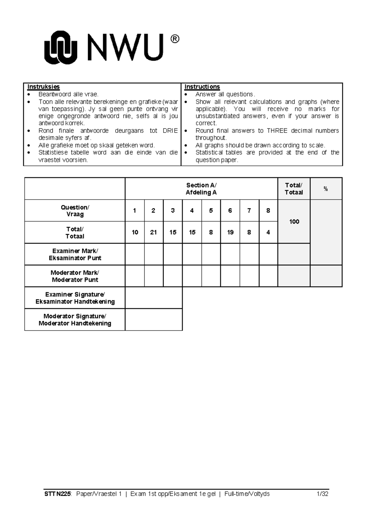 STTN225: Vraestel 1 | Eksamen 1e geleentheid 2024 | Instruksies en Vrae ...