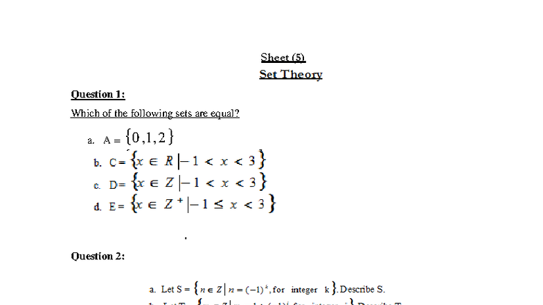 Sheet 5 - Set Theory Questions and Exercises - Studocu
