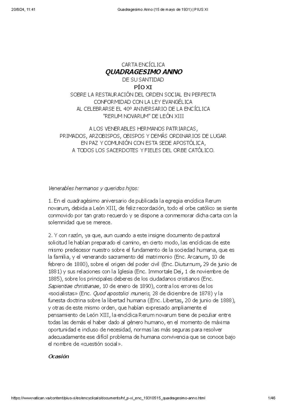 Quadragesimo Anno: Encíclica de Pío XI sobre el Orden Social - Studocu