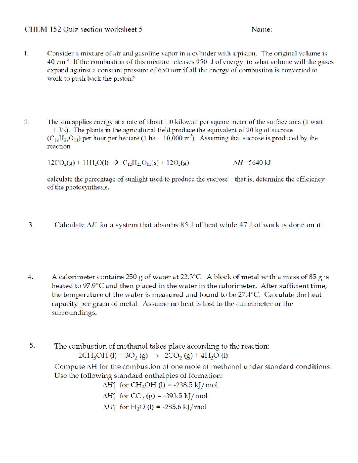 Worksheet Feb 13 - xxxxx - CHEM 152 Quiz section worksheet 5 Name: 1 ...