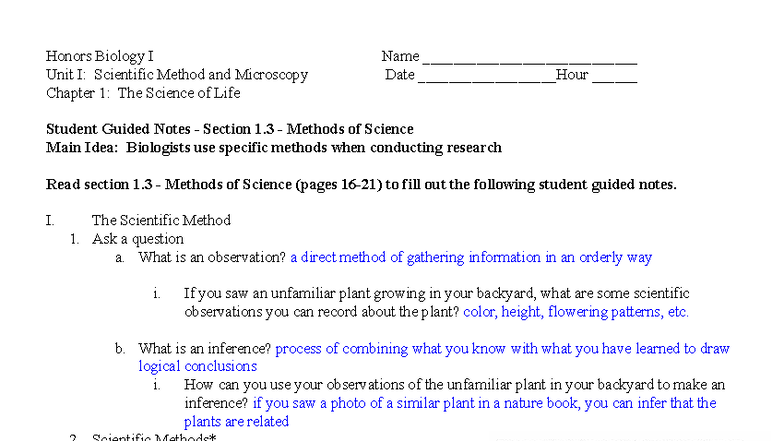 Honors Biology Unit I: SG Notes on Methods of Science - Studocu