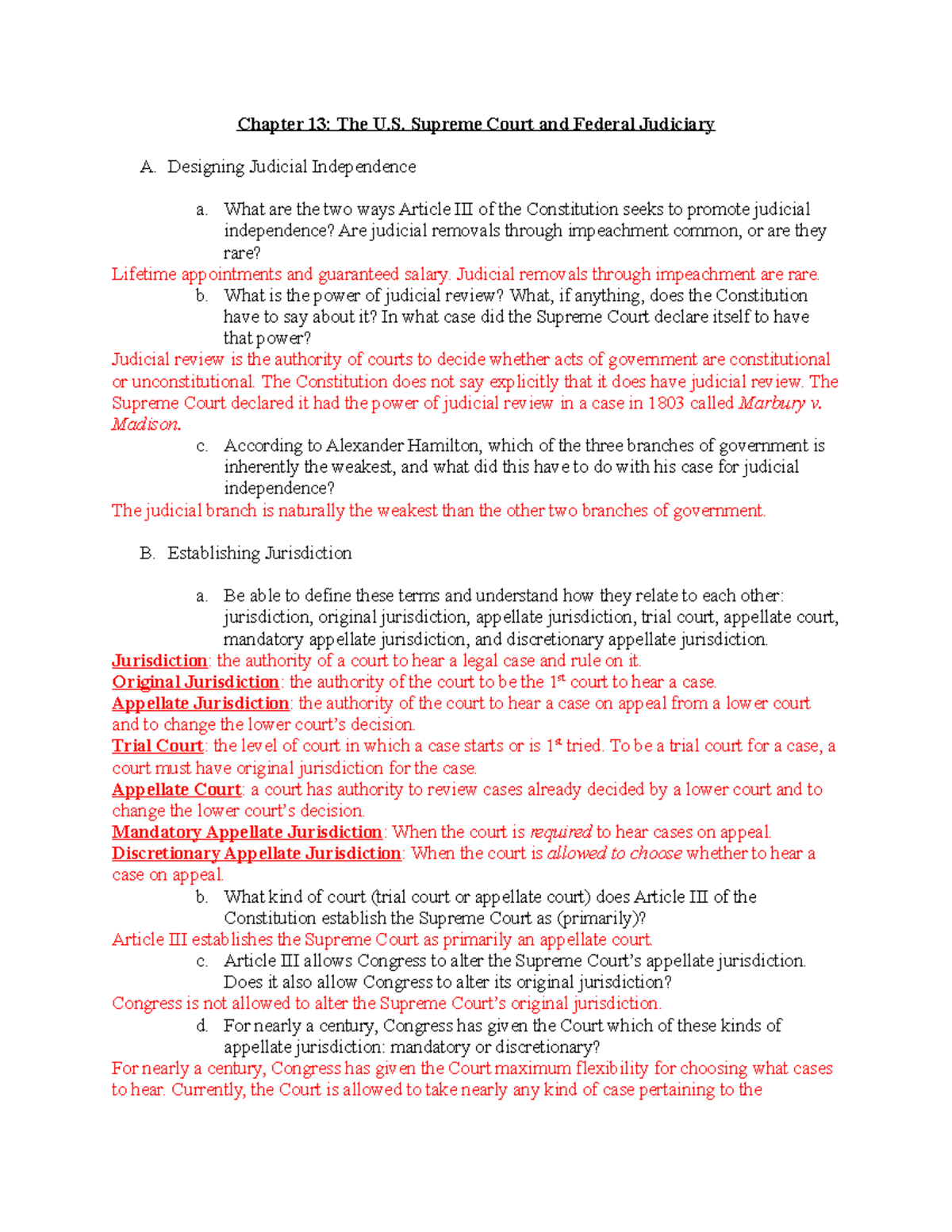 Chapter 13 Study Guide: U.S. Supreme Court & Federal Judiciary Overview ...