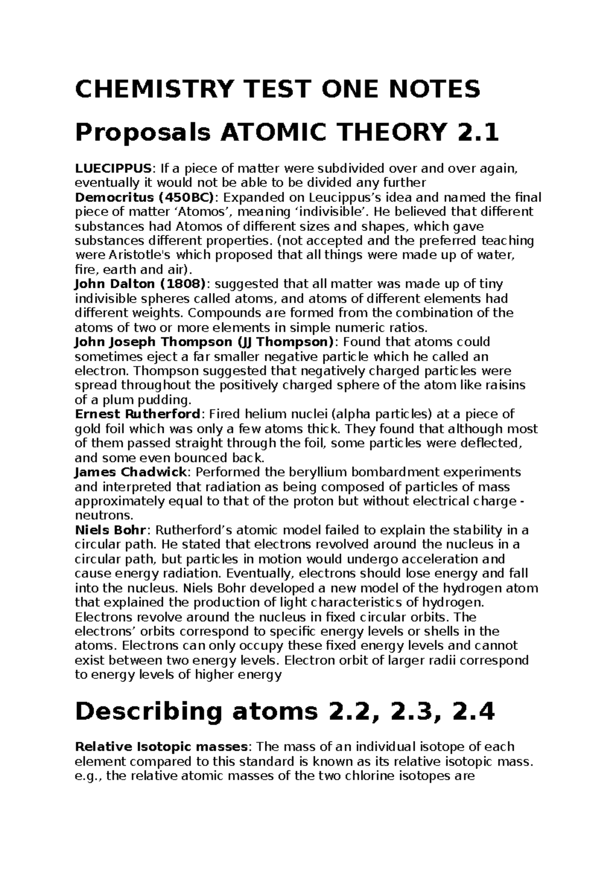 Chemistry 101: Test One Notes on Atomic Theory and Properties - Studocu
