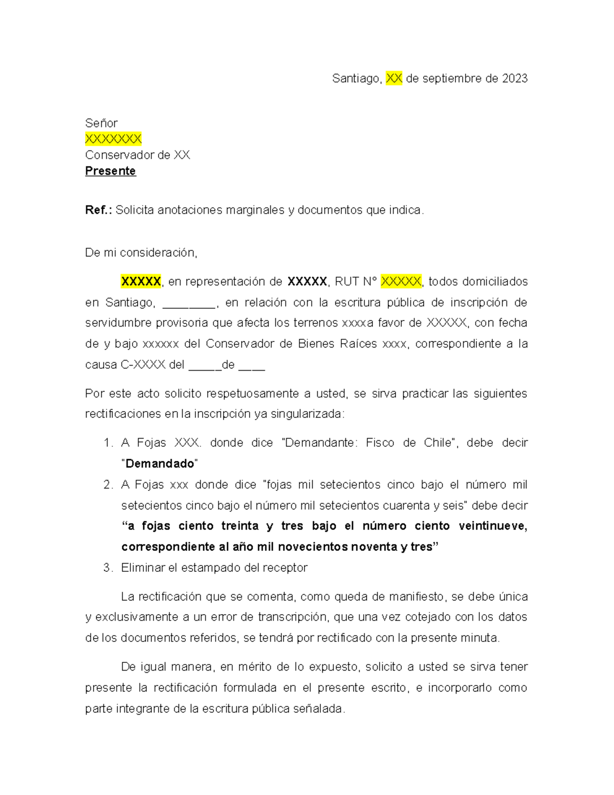 Minuta rectificación CBR Pozo - Borrador - Santiago, XX de septiembre de 2023 Señor XXXXXXX ...
