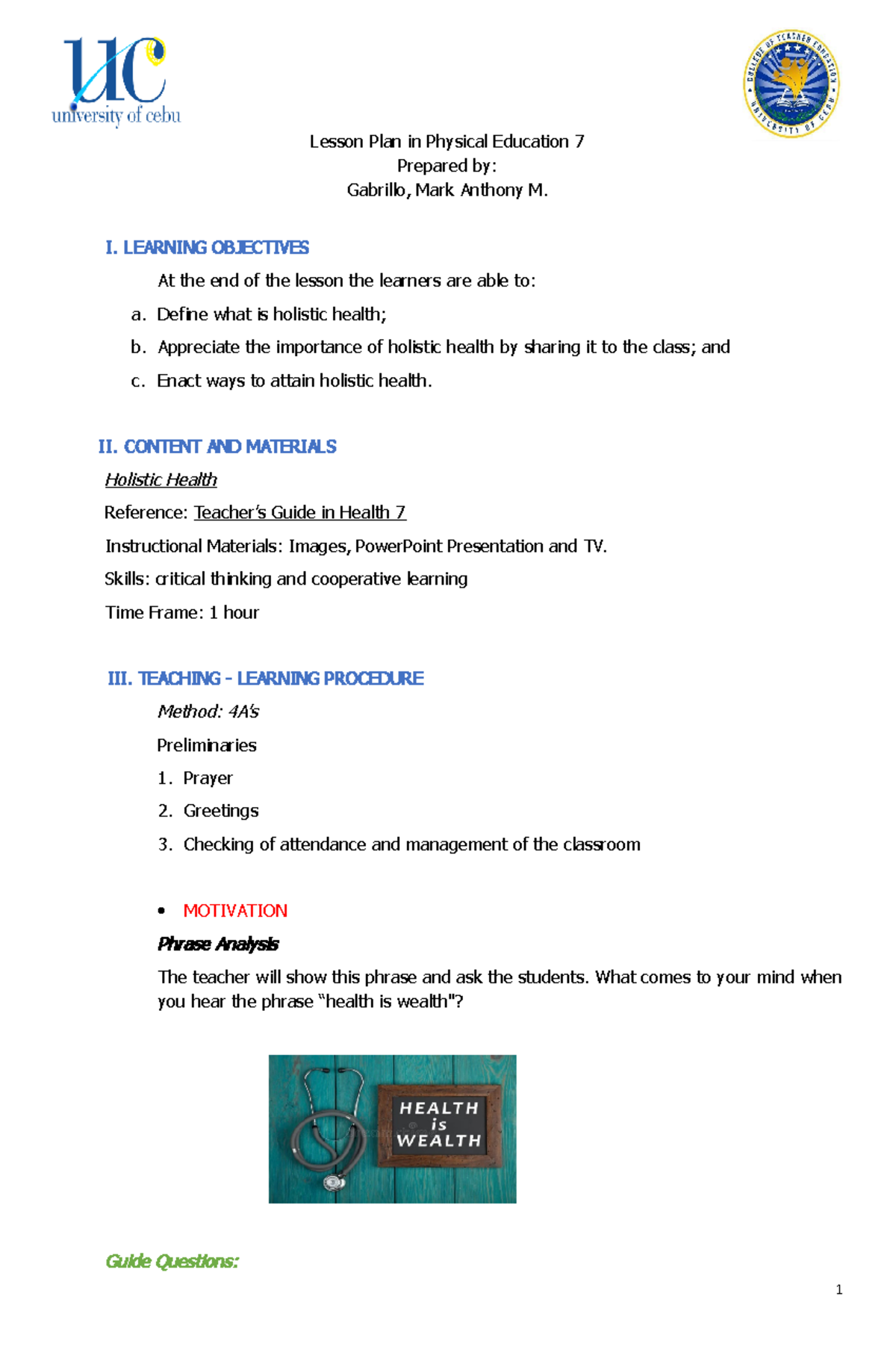 Holistic Health LP - Lesson Plan in Physical Education 7 Prepared by ...