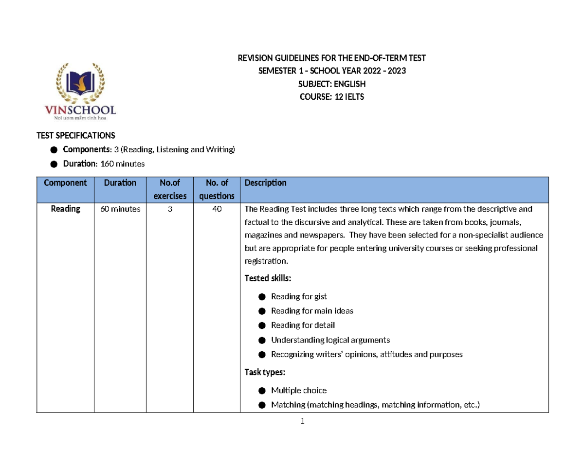 12 IELTS End-of-Term Test Revision Guidelines S1-1 - Studocu