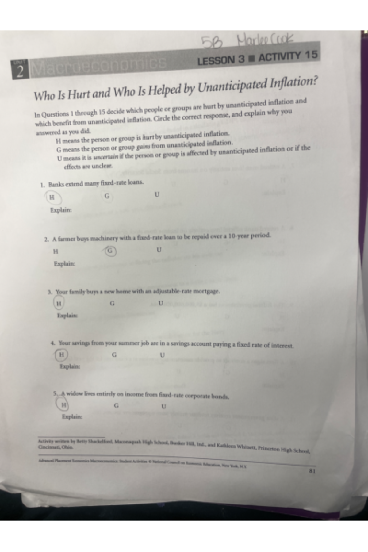 Inflation - yes - 5B Marlee Cook UNIT LESSON 3 ACTIVITY 15 2 Who Is Hurt and Who Is Helped - Studocu