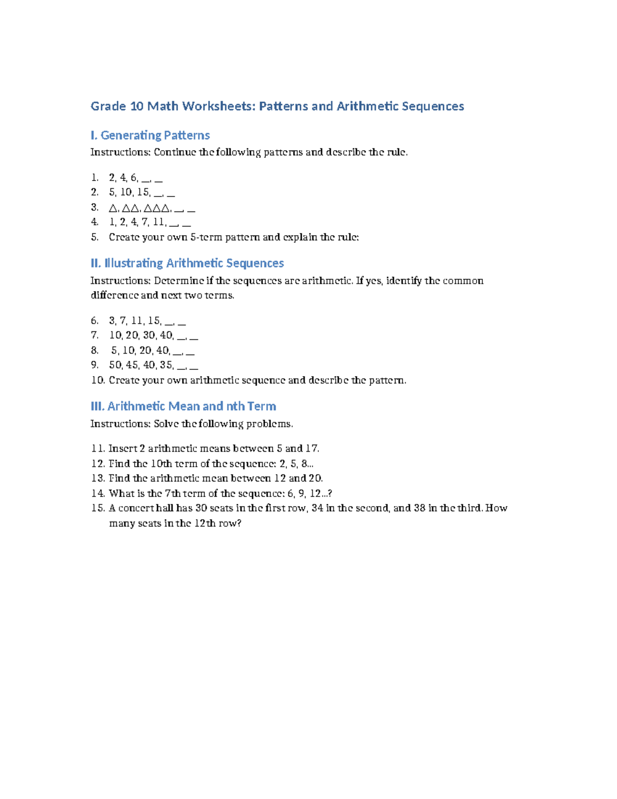 Grade 10 Math Worksheets: Patterns & Arithmetic Sequences - Studocu