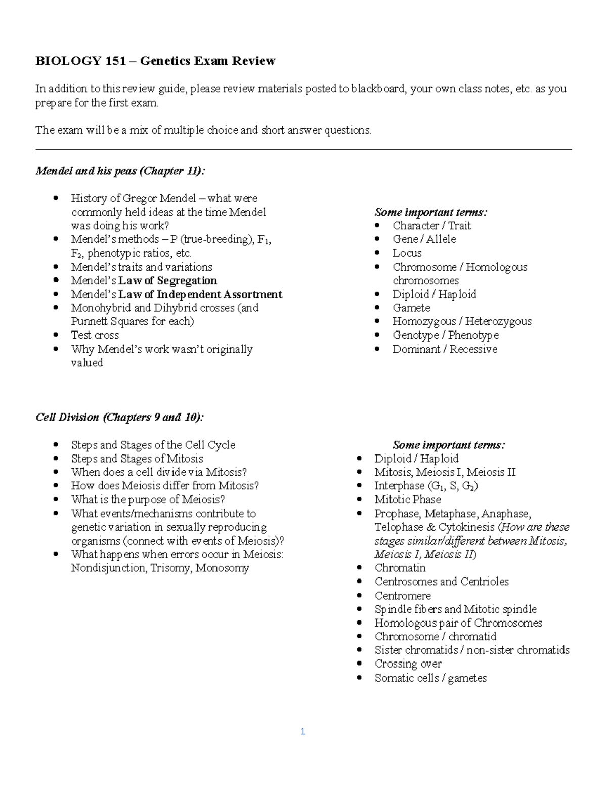 Biology 151 - Genetics Practice Exam Review Packet - Studocu