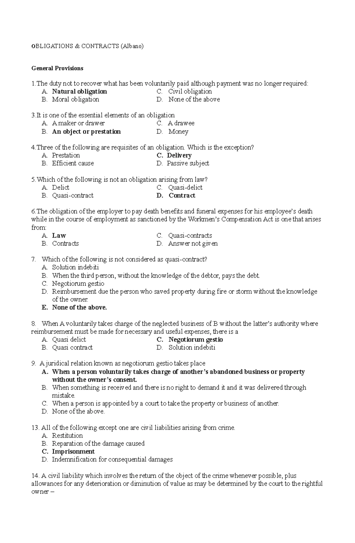 Obligation and contracts - OBLIGATIONS AND CONTRACT TEST BANK 2021-2022 ...