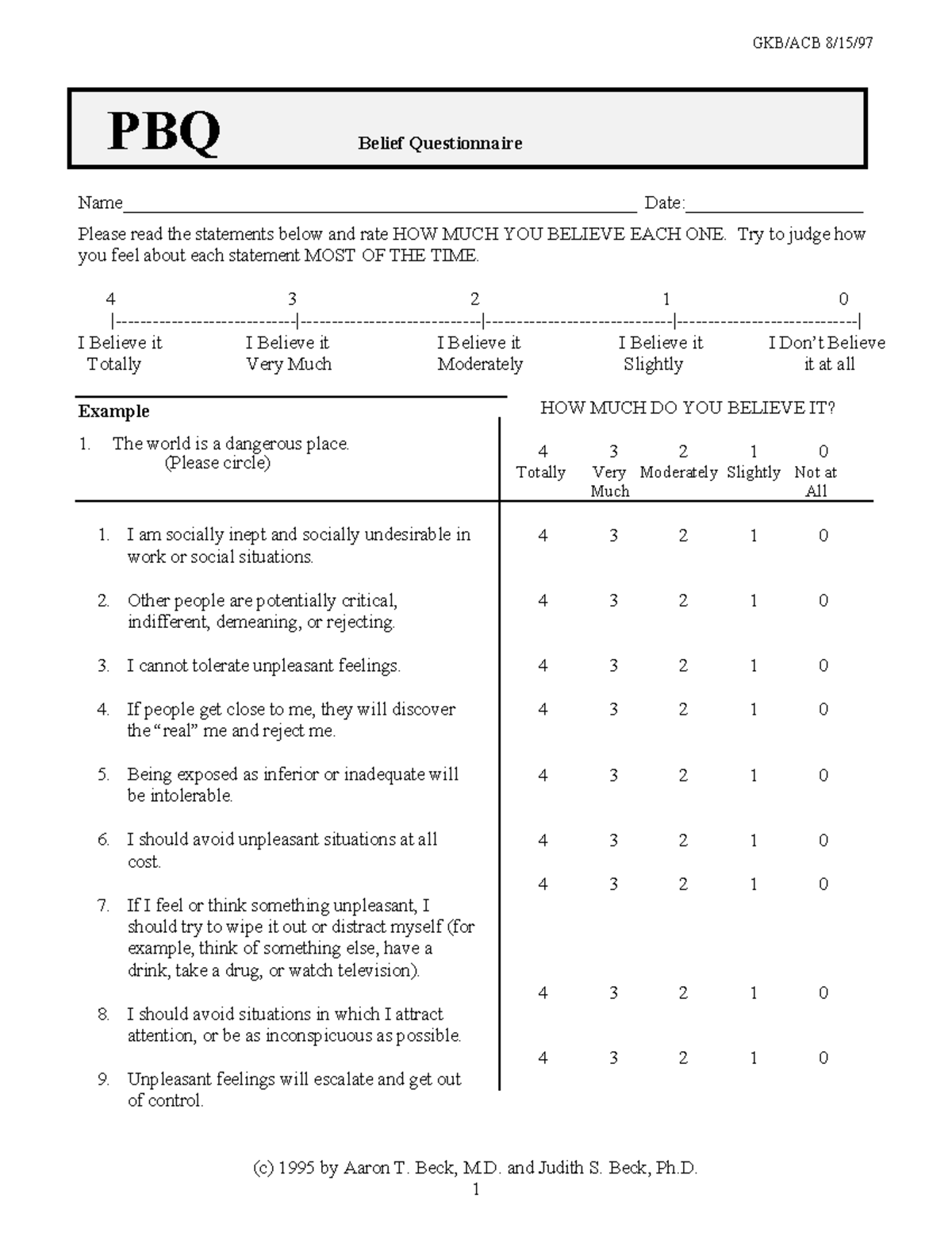 PBQ Self-Assessment: Core Beliefs Questionnaire Overview - Studocu