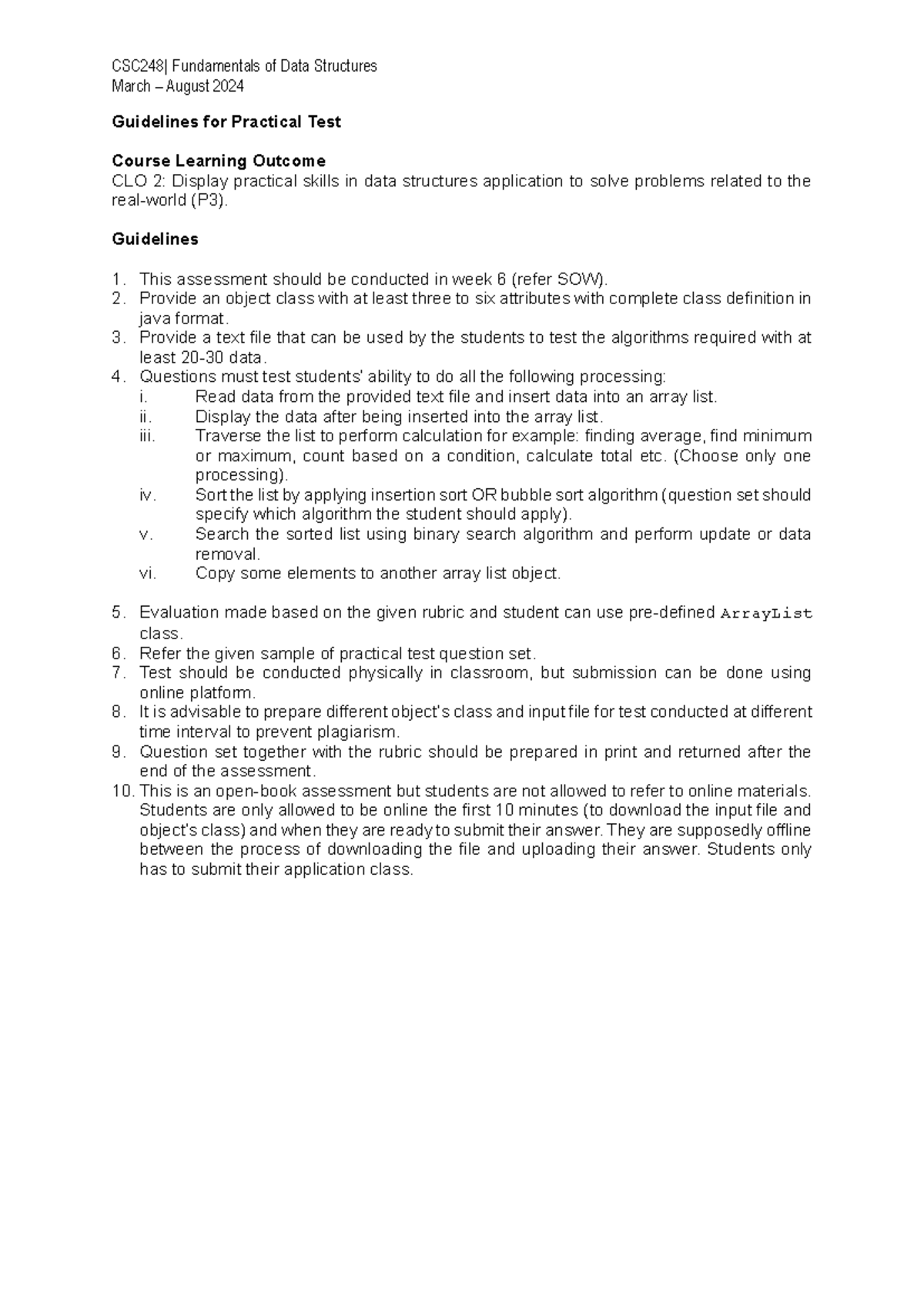 Practical Test Guidelines for CSC248 - Data Structures (March 2024 ...
