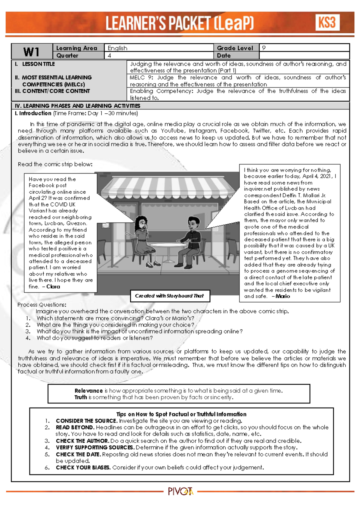 Q4-English-9-Week1 (Truth of Relevance of Information) - W Learning ...