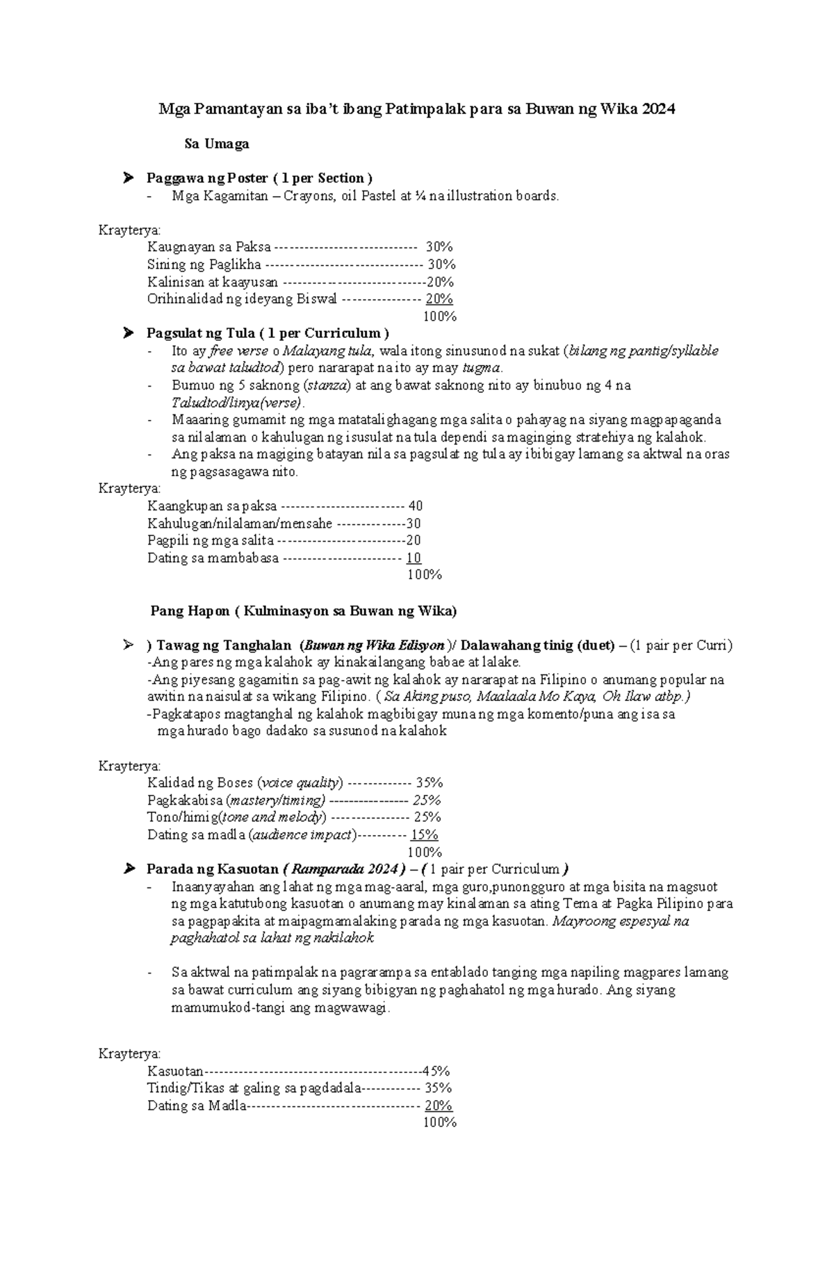 Mga Pamantayan at Krayterya sa Patimpalak Buwan ng Wika 2024 - Studocu
