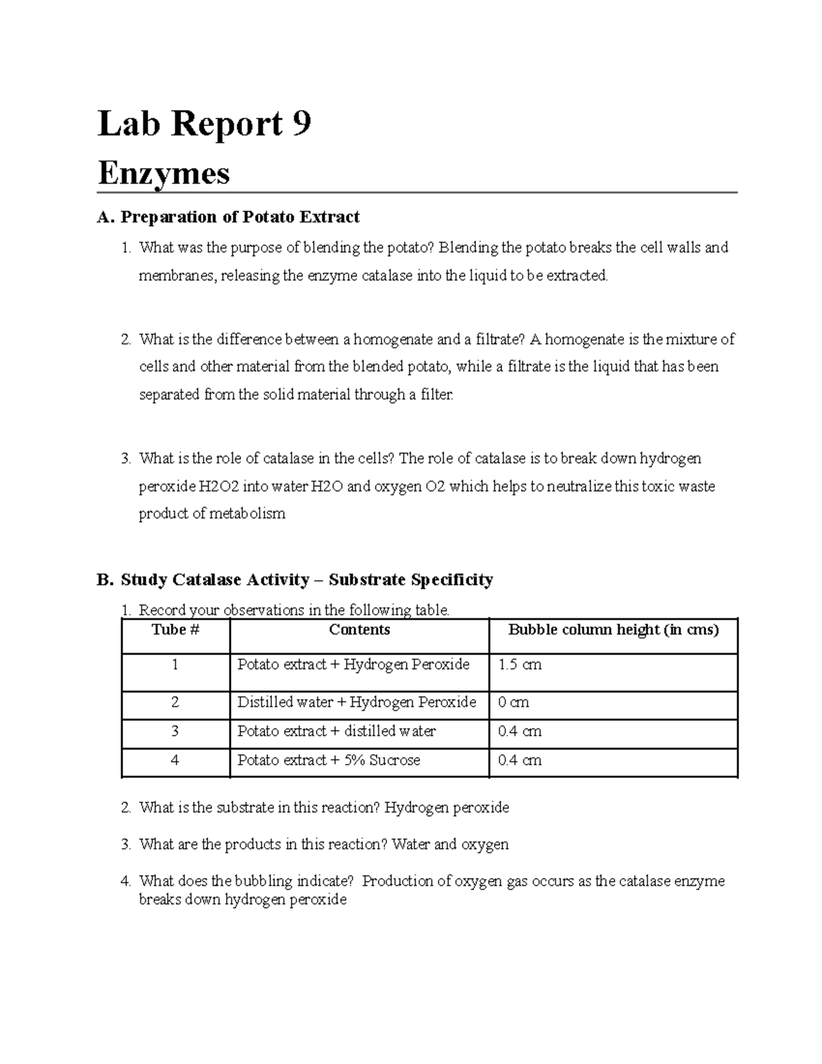 Lab 9: Enzyme Activity of Potato Extract - Catalase Analysis - Studocu