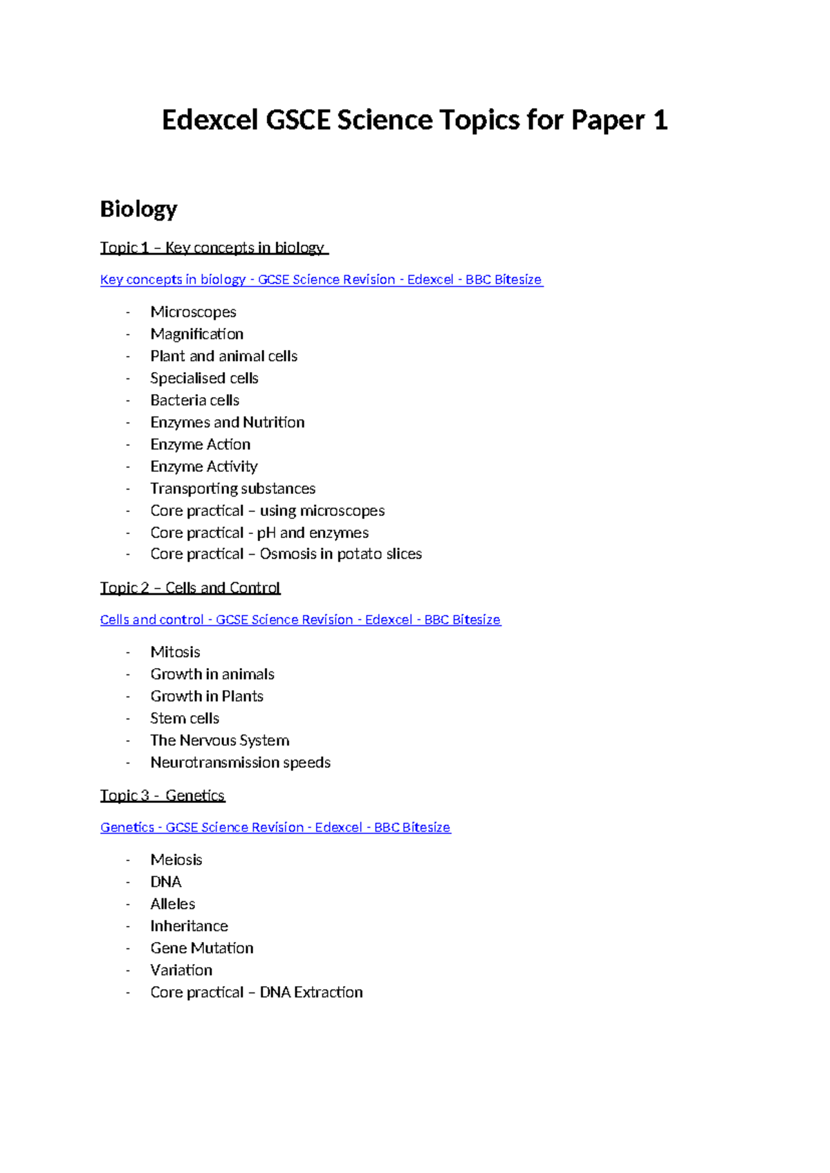 Edexcel GCSE Science Topics Overview for Paper 1 Revision Guide - Studocu