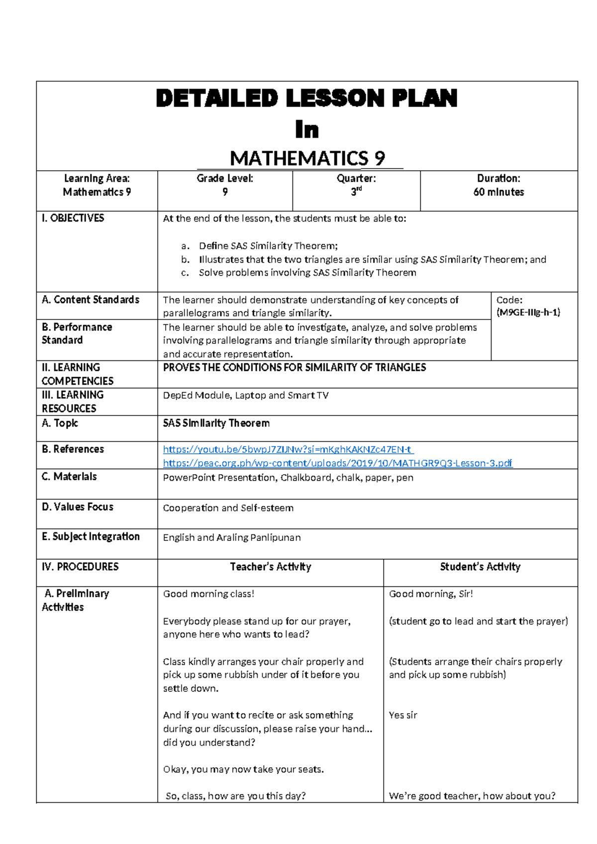 SAS Similarity Theorem Lesson Plan for Mathematics 9 (M9GE-IIIg-h-1 ...