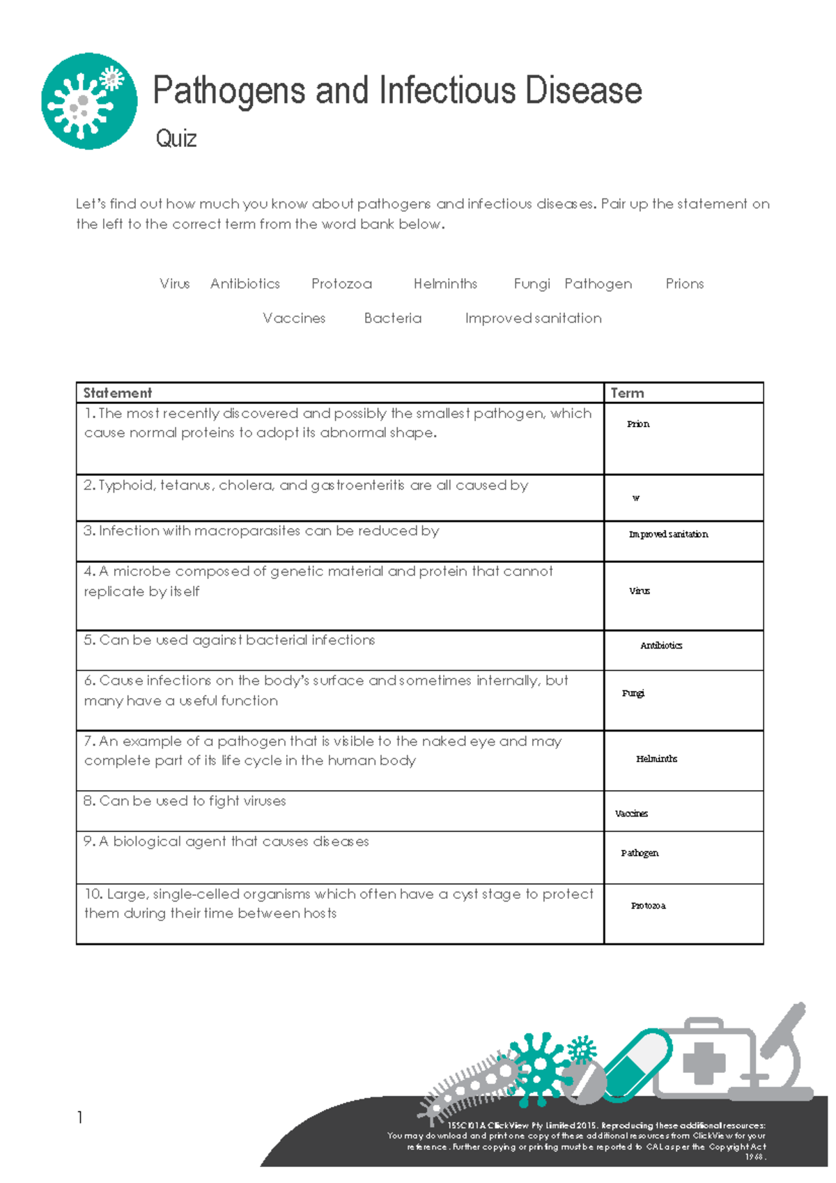 Quiz on Pathogens and Infectious Diseases 15SCI01A - Studocu