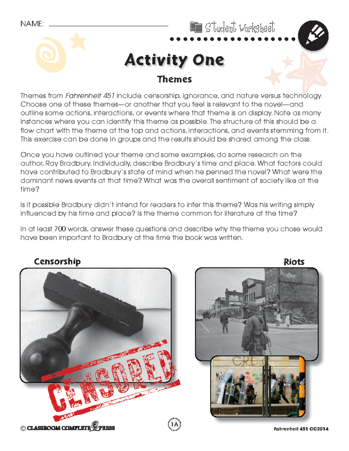 Fahrenheit 451 Literature Kit Gr 9-12: Student Worksheets & Activities ...