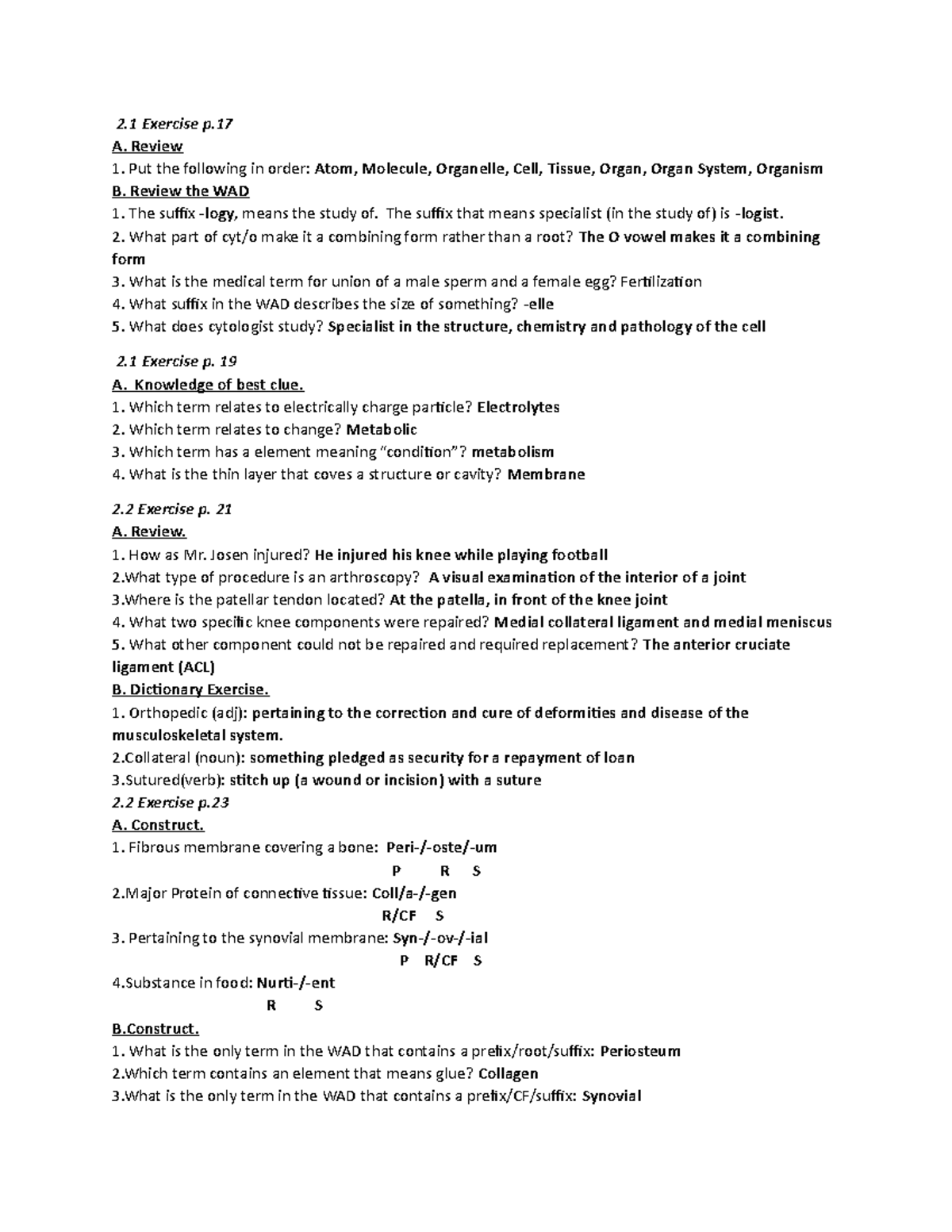 Exercises for Medical Terminology (MED 101) - Comprehensive Review ...