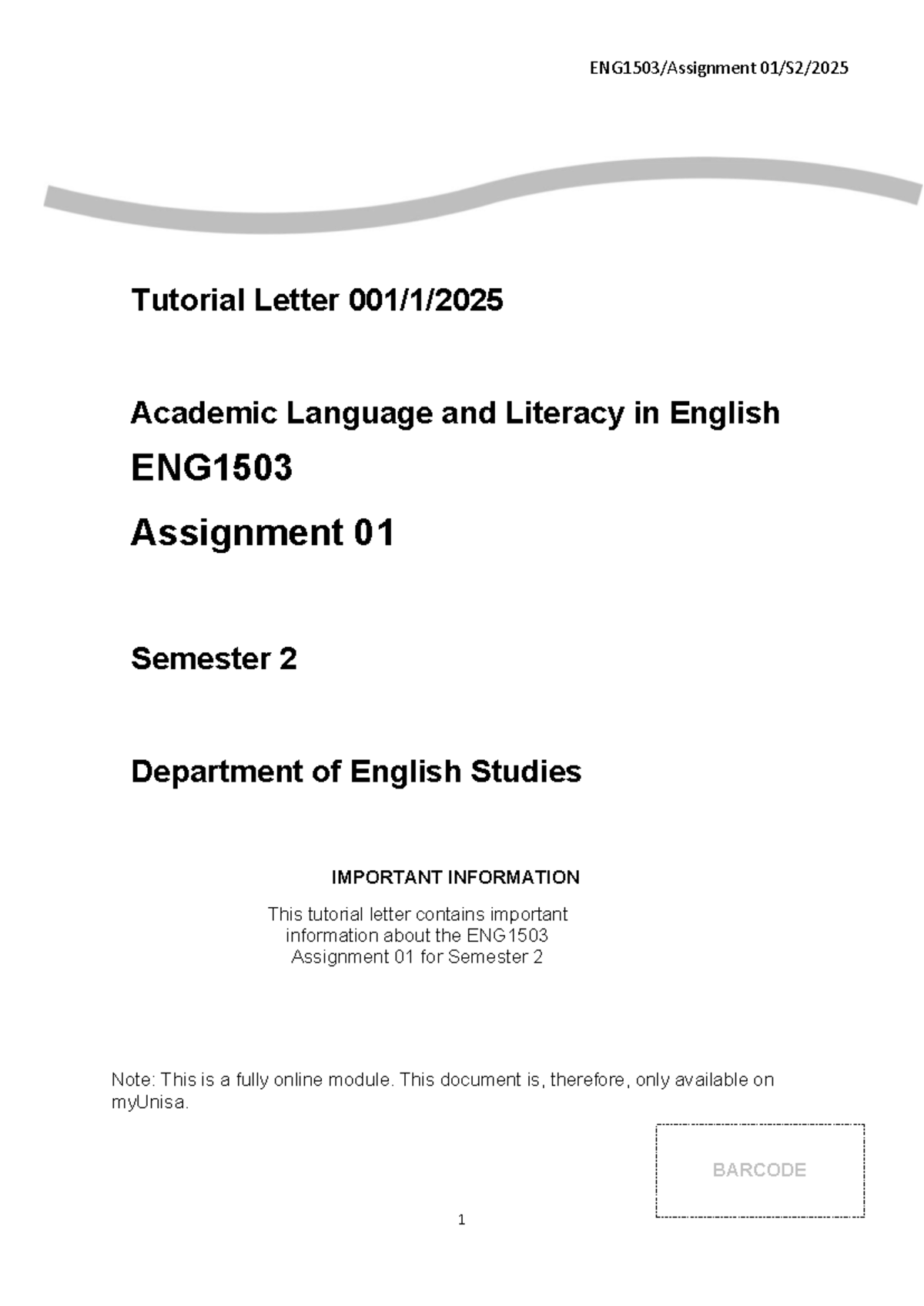 ENG1503 2025 Tutorial Letter: Assignment 01 Guidelines for S2 - Studocu