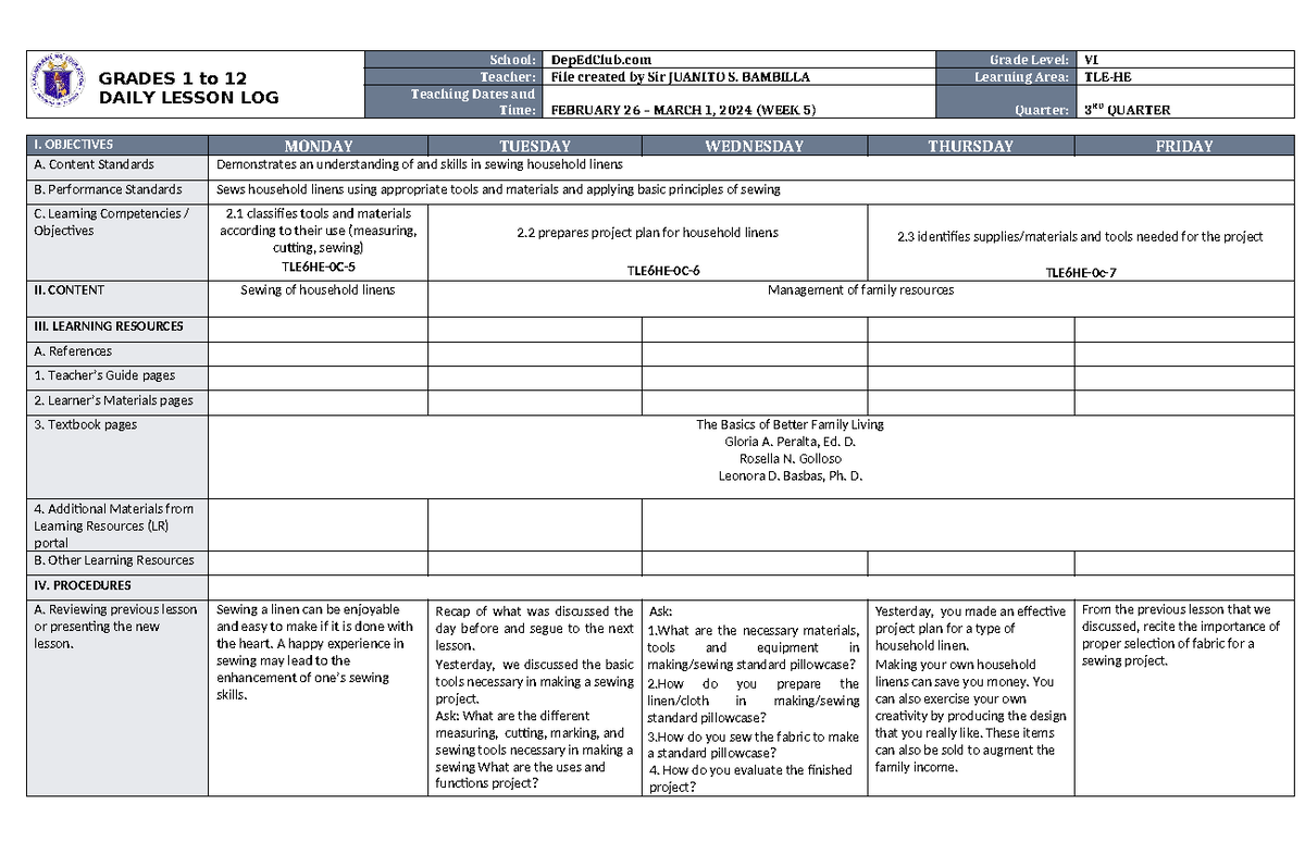 TLE-HE 6 Daily Lesson Log for Sewing Household Linens - Q3 W5 - Studocu