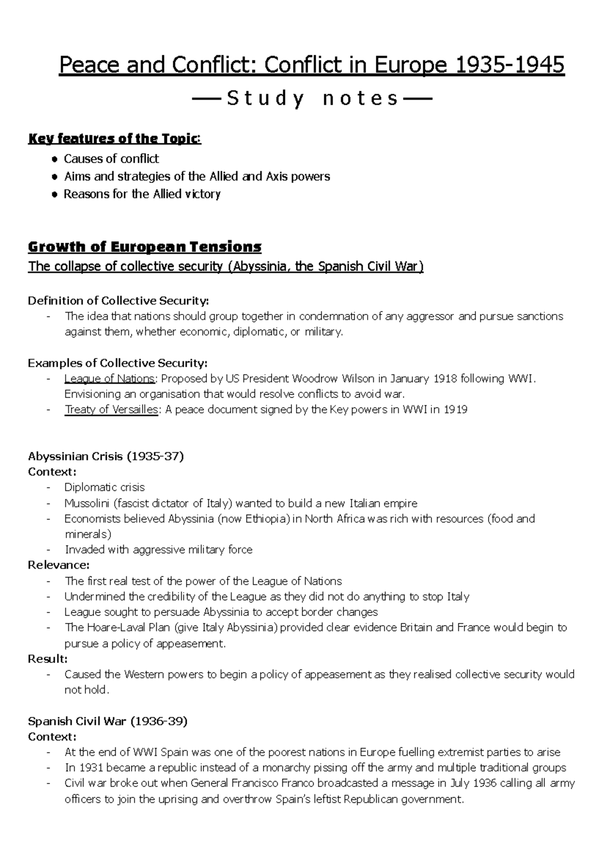 Modern Study Notes: P&Conflict in Europe 1935-1945 (Lecture Summary ...