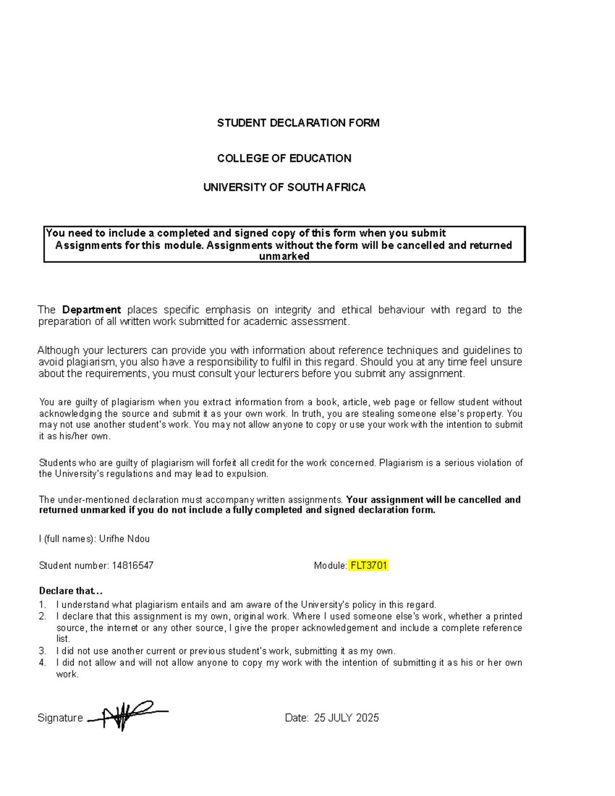 FLT3701 Student Declaration Form for Assignment Submission - Studocu