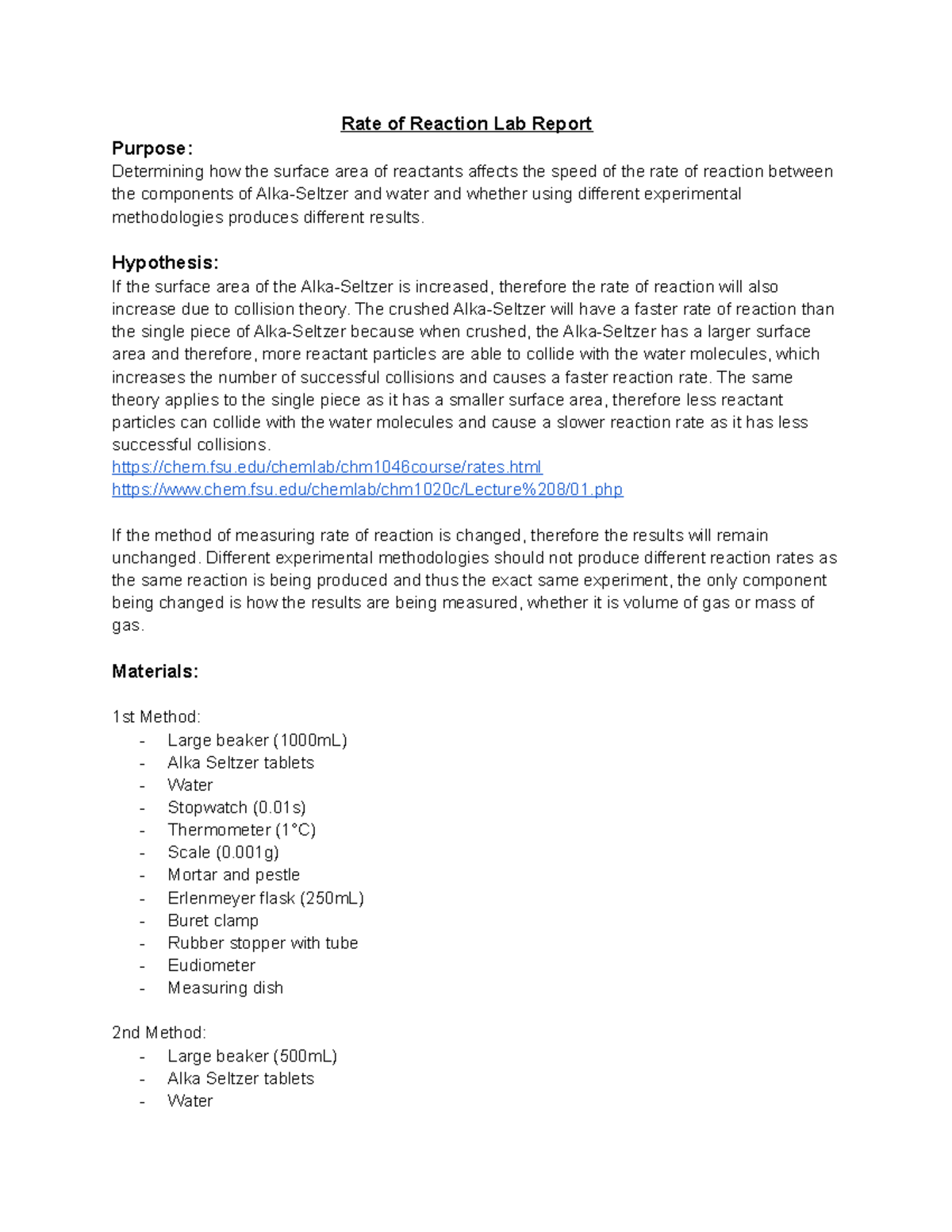Rate of Reaction Lab - Hypothesis: If the surface area of the Alka ...