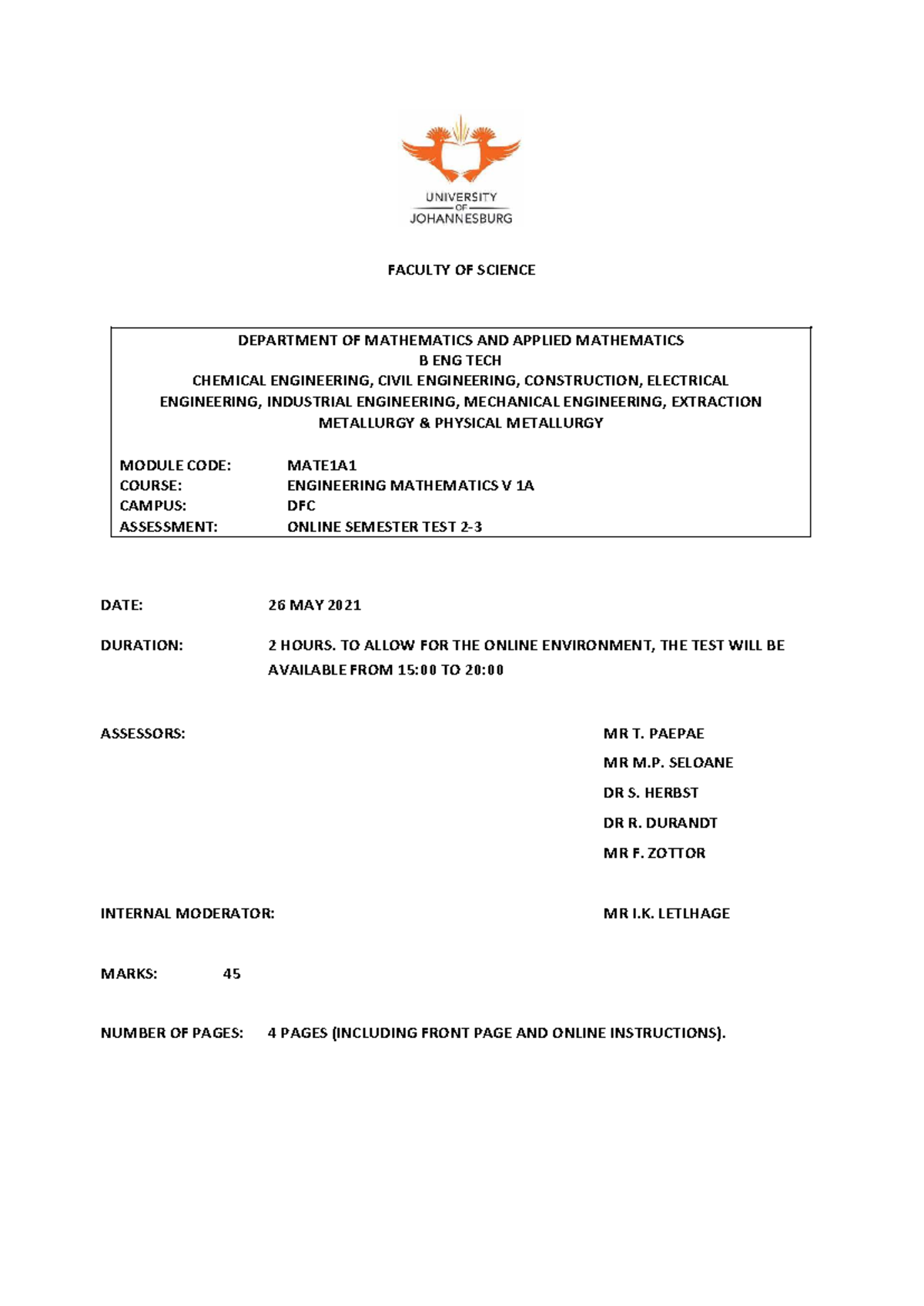 MATE1A1 Engineering Mathematics V 1A: Semester Test 26 May 2021 - Studocu