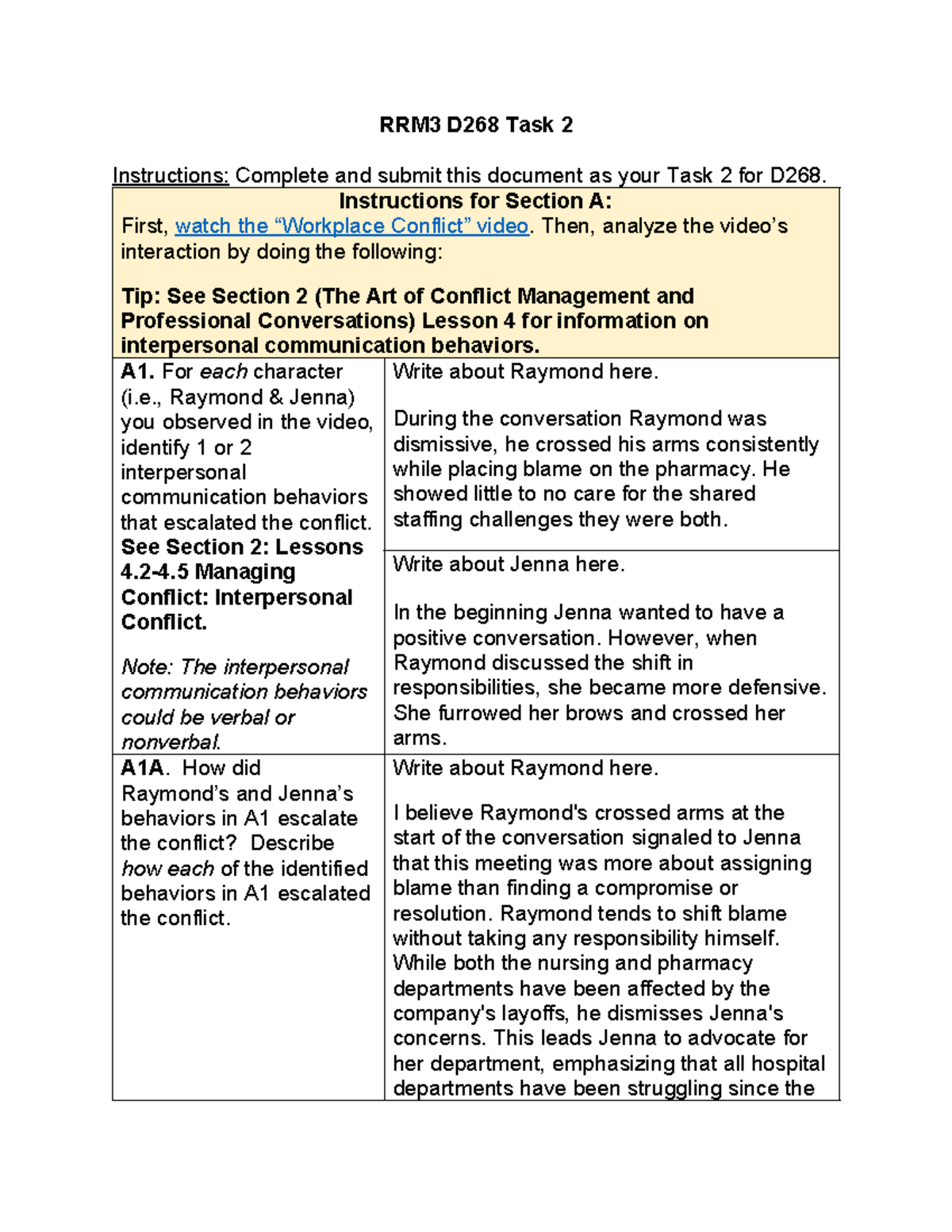 D268 Task 2 - Interpersonal Communication in Workplace Conflict Analysis - Studocu