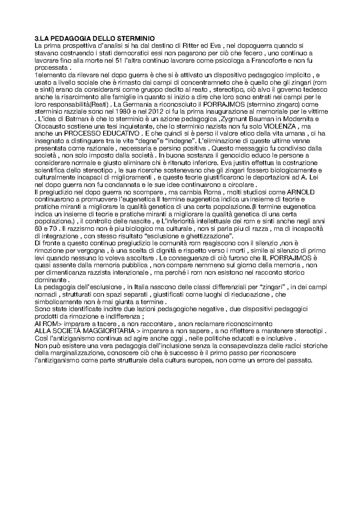 Capitolo 3: La Pedagogia dello Sterminio e il Porrajmos - Studocu