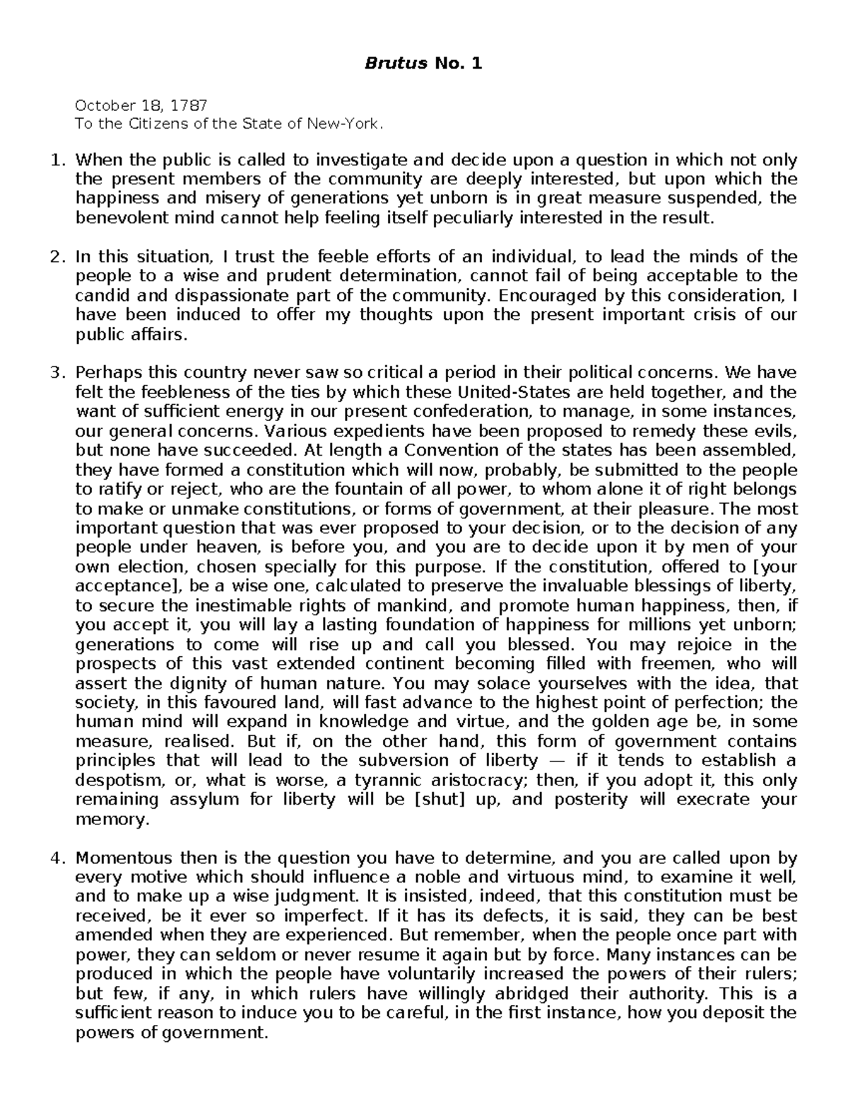 Brutus No. 1 Analysis and Discussion Questions on Ratification - Studocu
