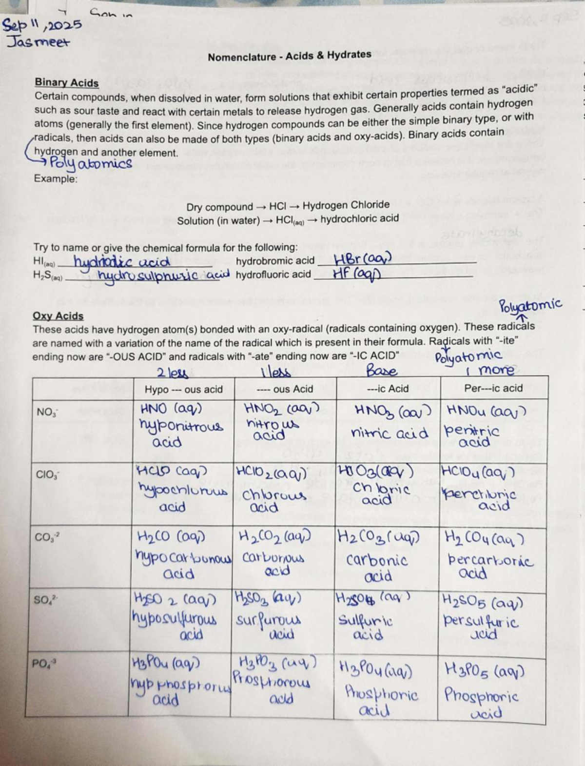 Acid and Hydrates: Nomenclature and Properties (Sep I, 2025) - Studocu