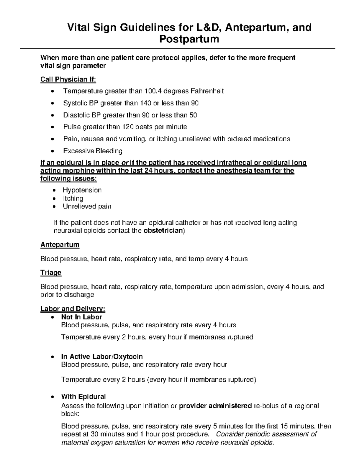 Vital Signs Protocol for LD & Postpartum Care (Final) - Studocu