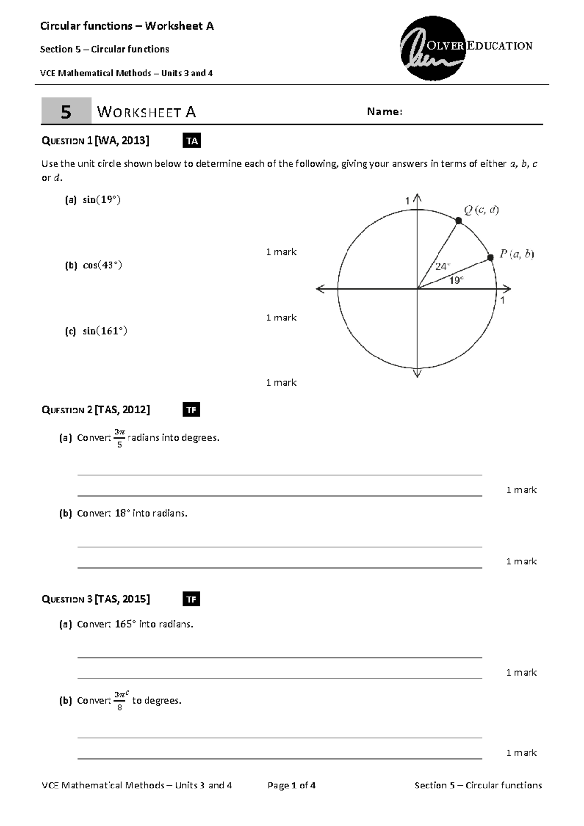 Yr12 Maths MM Circular Functions Worksheet A - Circular functions ...