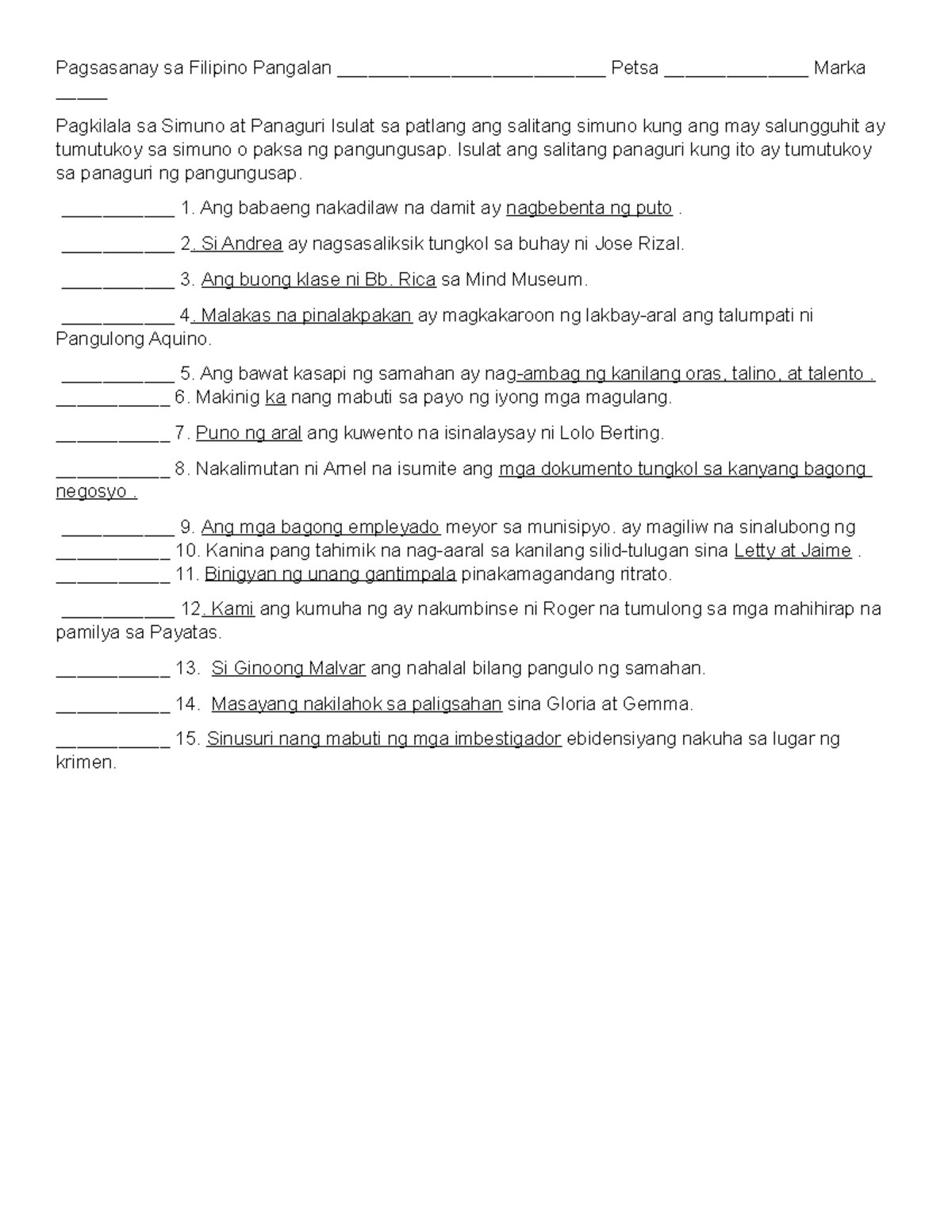 Pagsasanay sa Filipino: Simuno at Panaguri (Final Exam) - Studocu